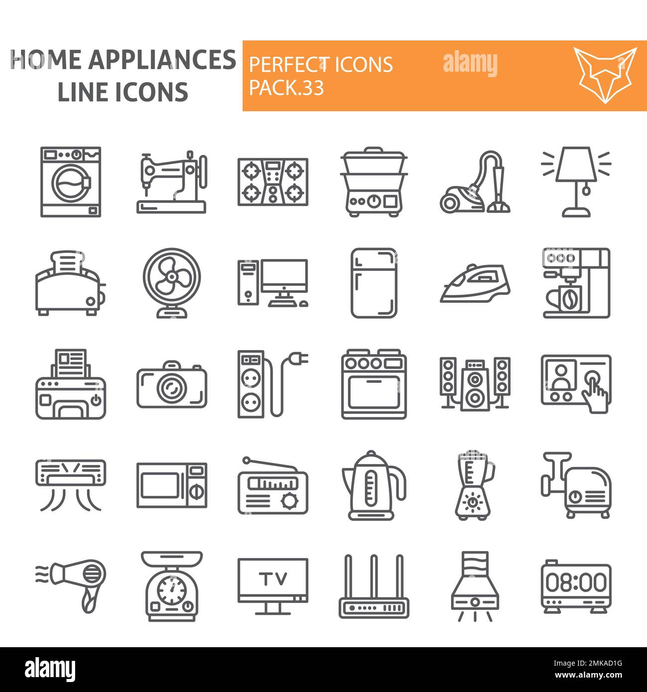 Kit d'icônes de ligne d'appareils ménagers, collection de symboles ...