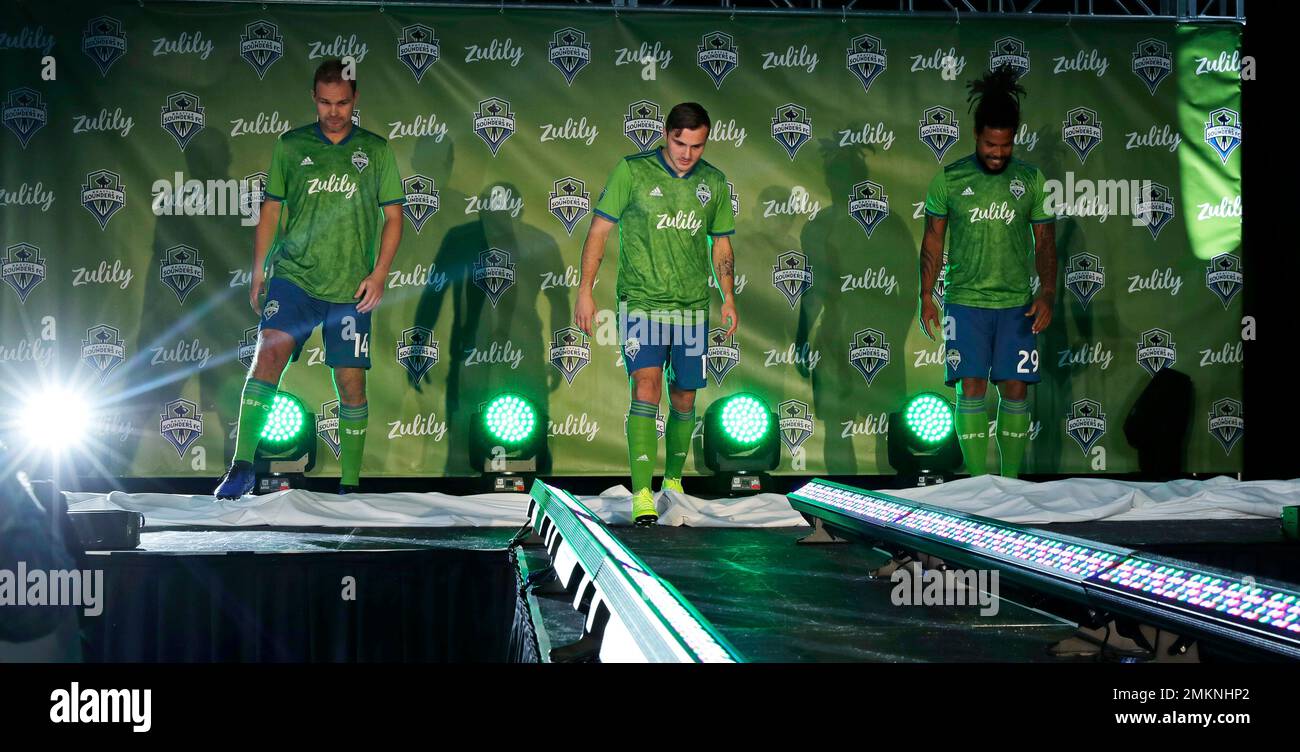 Seattle Sounders' Chad Marshall, left, Jordan Morris, center, and Roman ...