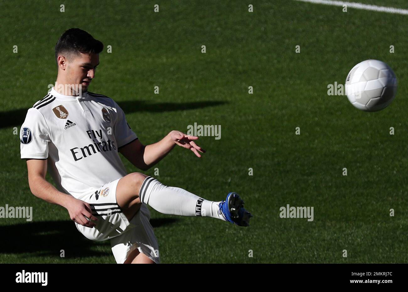 Newly signed Real Madrid soccer player Brahim Diaz kicks the ball ...