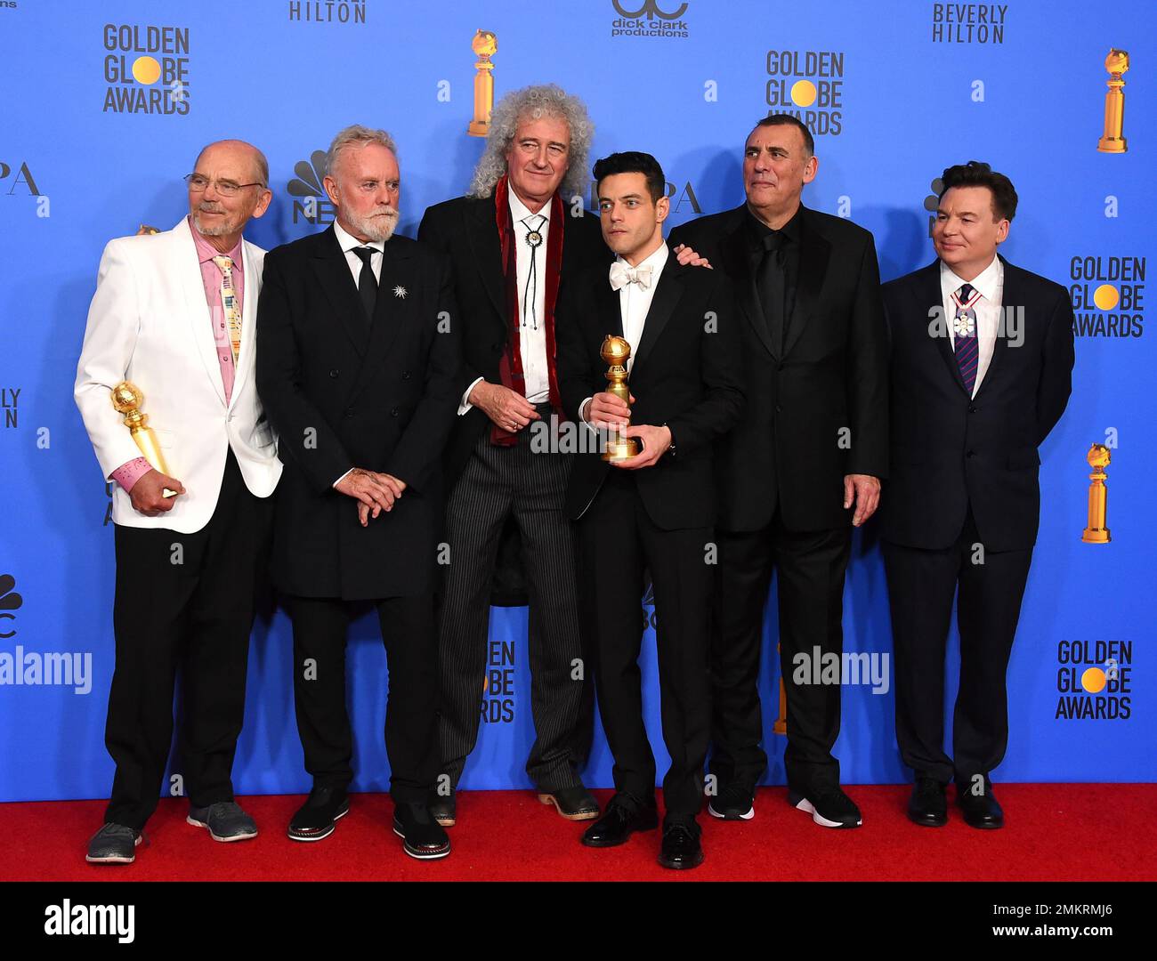 Jim Beach, from left, Roger Taylor, Brian May, Rami Malek, Graham King ...
