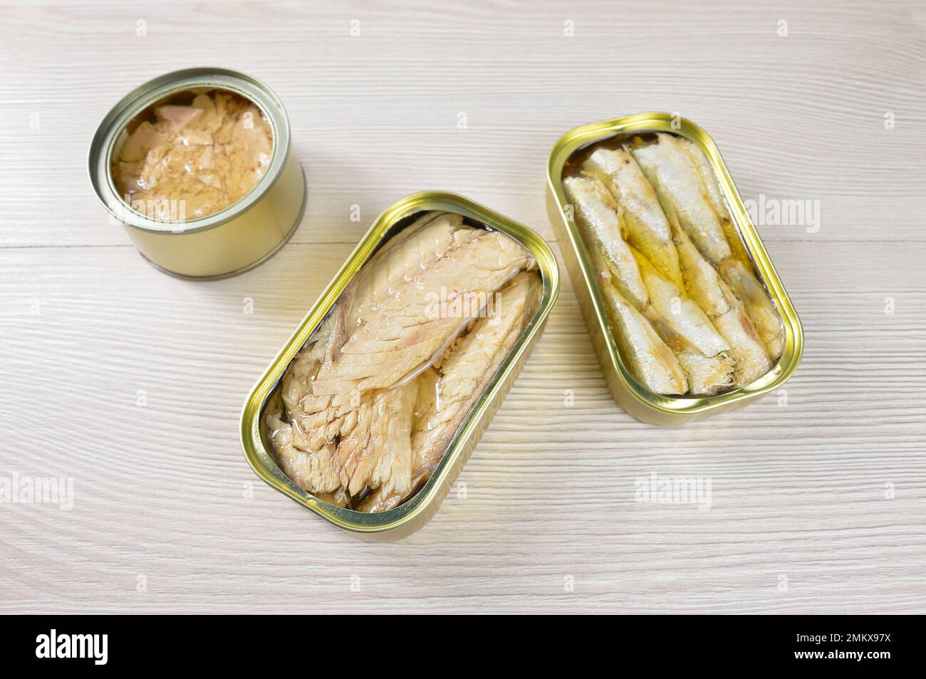 Assortiment de boîtes de conserve avec différents types de poissons et ...