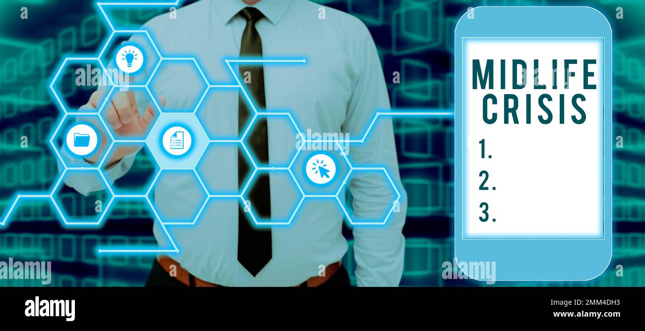 Affiche textuelle indiquant Midlife Crisis. Concept signification technique de développement ...