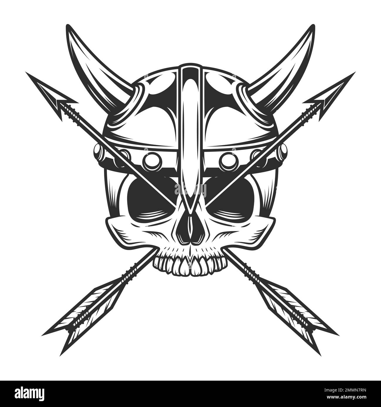 Crâne viking sans mâchoire avec casque à cornes et flèche de chasse ...