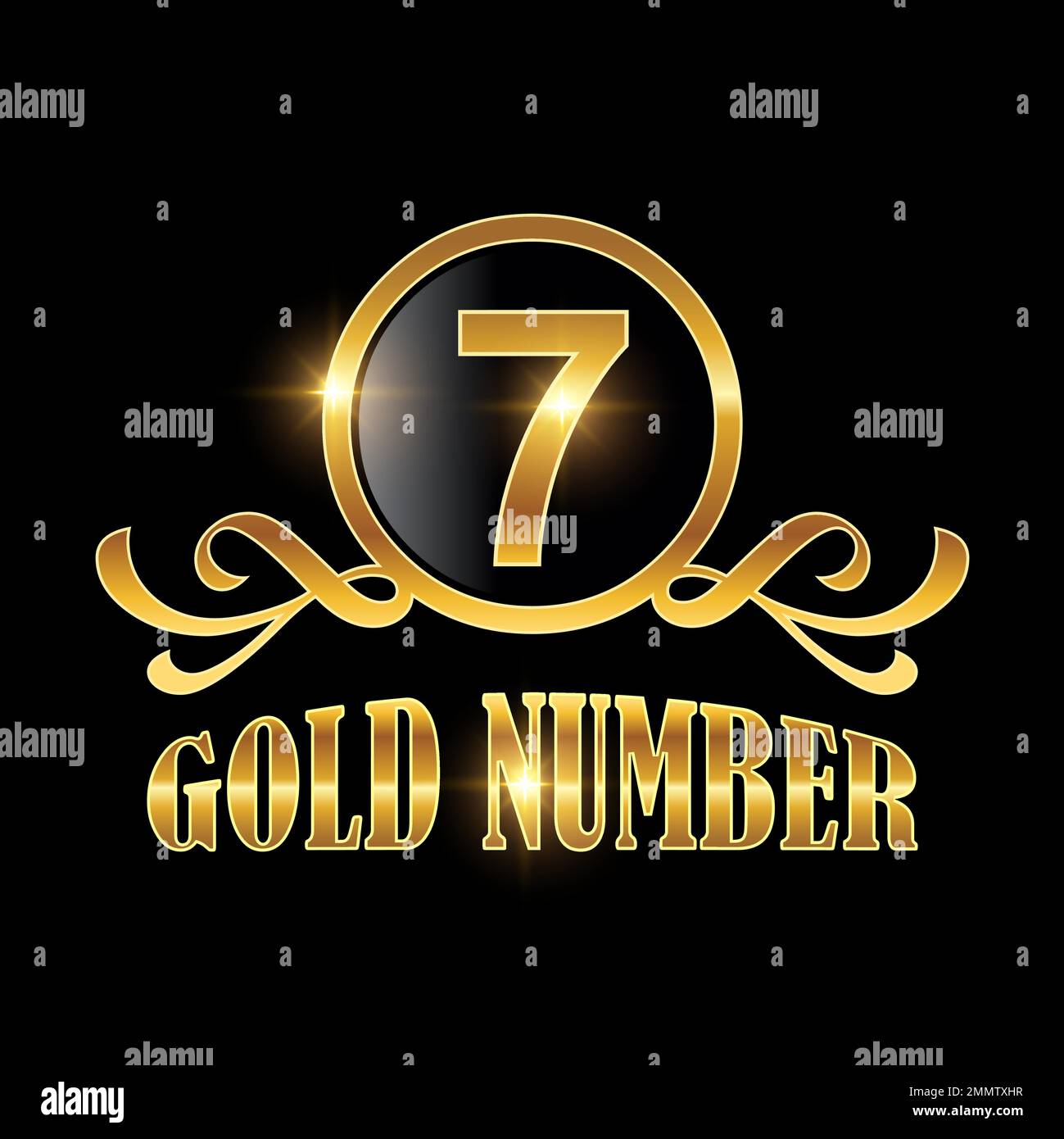 Golden Number 7 logo Vector signe dans fond noir avec effet brillant or ...