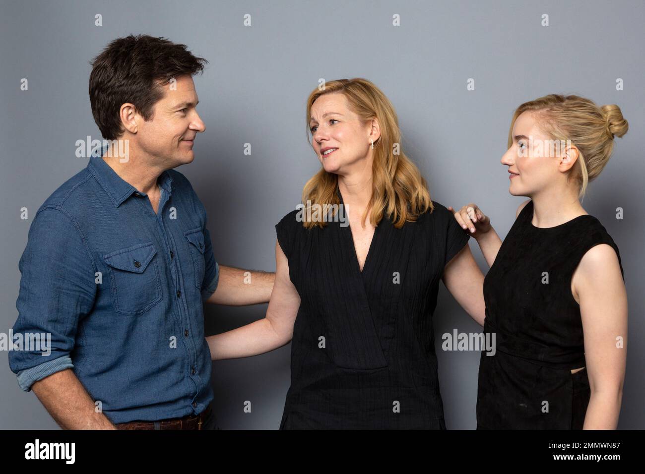 Jason Bateman, from left, Laura Linney and Julia Garner, cast members ...