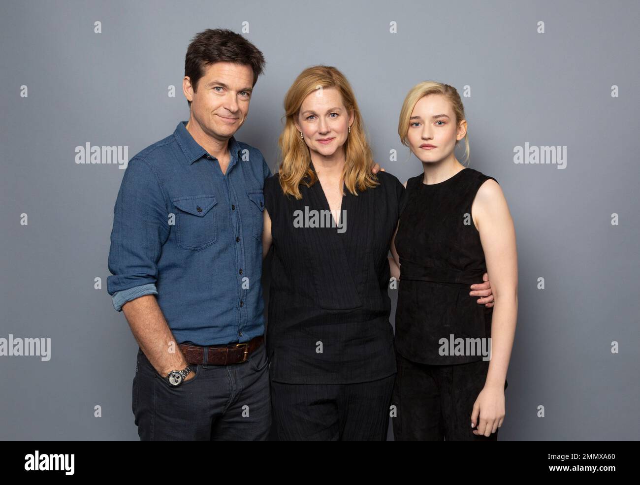 Jason Bateman, from left, Laura Linney and Julia Garner, cast members ...