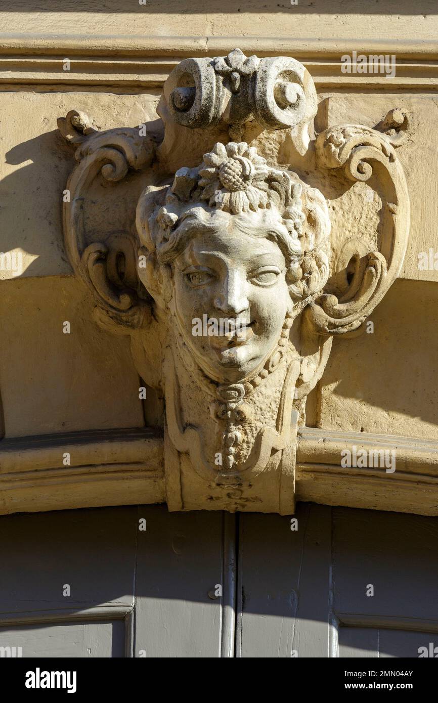 France, Meurthe et Moselle, Nancy, détail d'un ornement mascaron ...