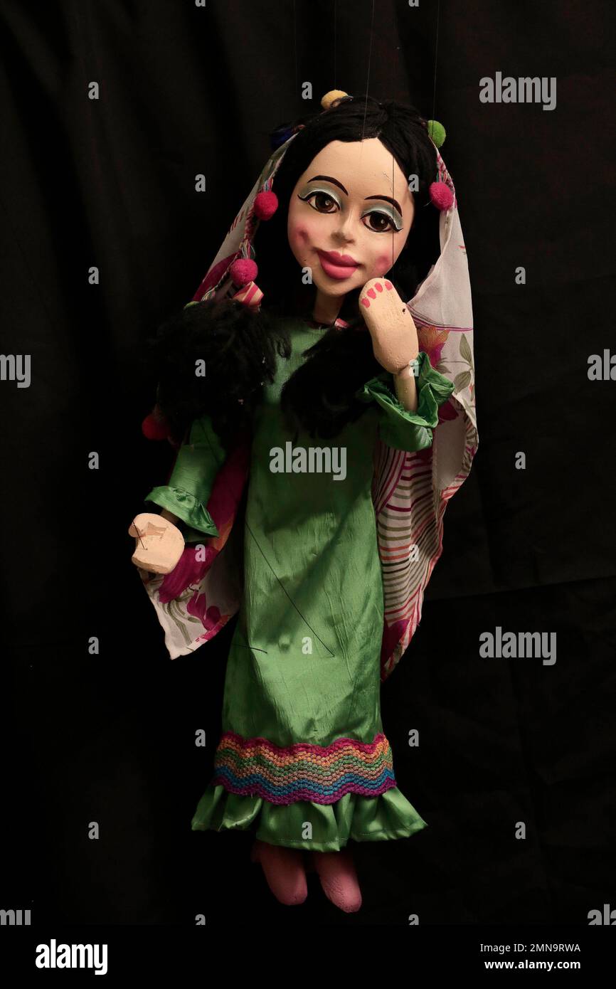 This April 24, 2018 photo, shows a puppet made by Egyptian artist Mohamed Fawzi Bakkar, at his ...