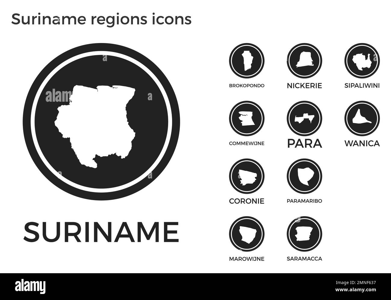 Icônes des régions du Suriname. Logos ronds noirs avec cartes et titres ...