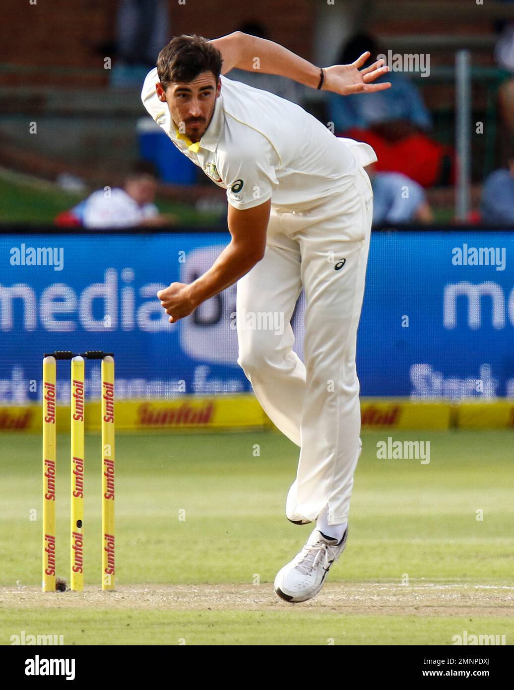 Australia's Mitchell Starc bowls on the first day of the second cricket ...