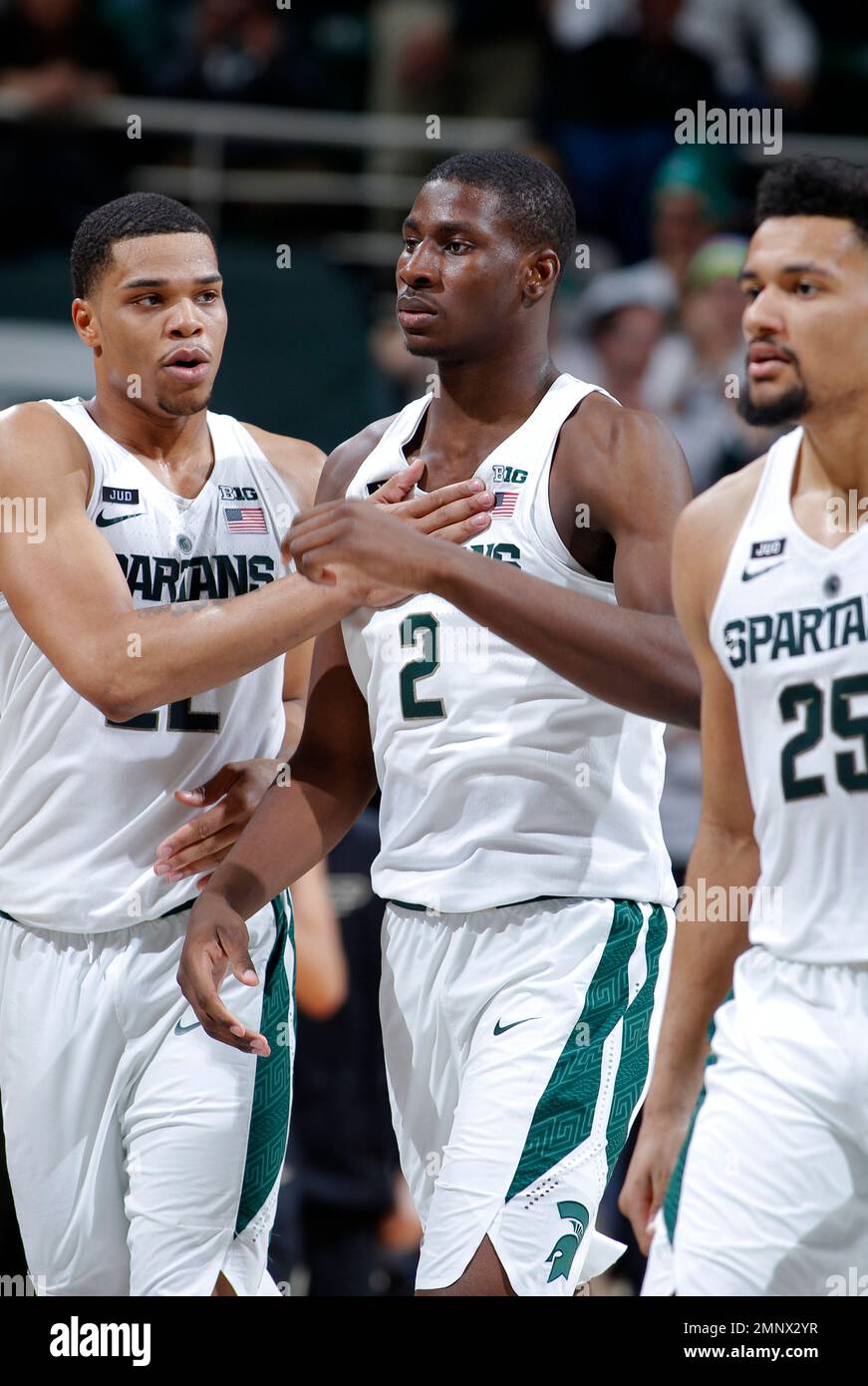 Michigan State's Jaren Jackson Jr., center, Miles Bridges, left, and ...