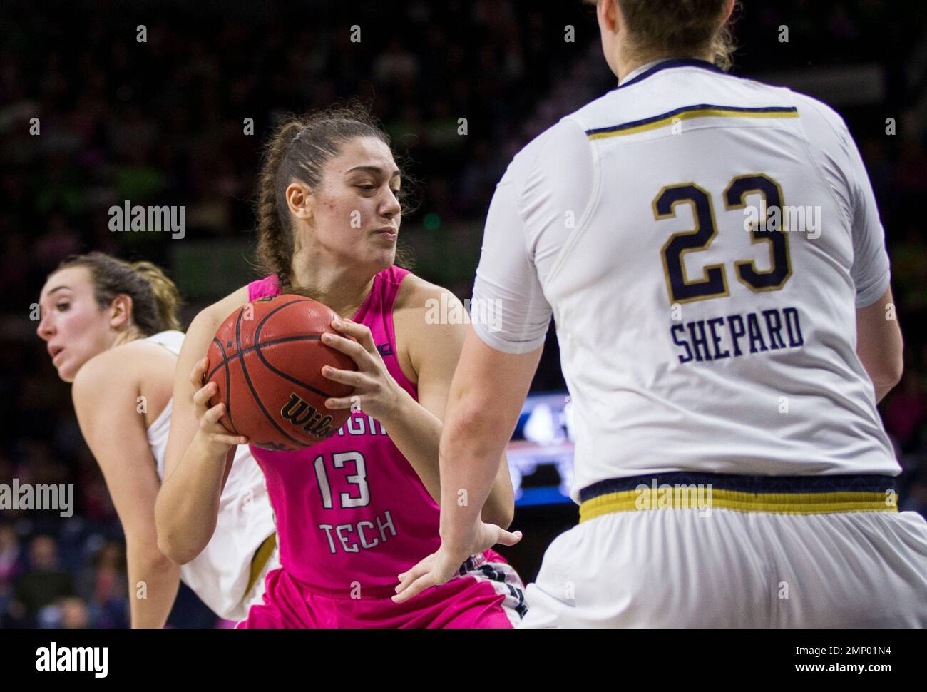 Georgia Tech's Lorela Cubaj (13) moves between Notre Dame's Marina ...