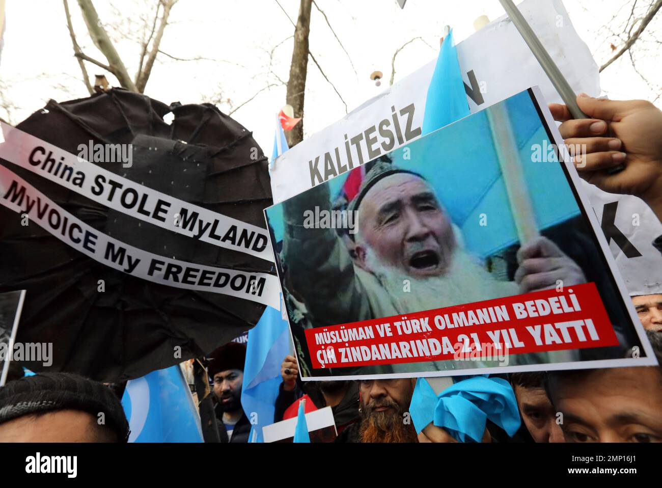 Several hundred Uighurs living in Turkey carrying Turkish and flags of ...