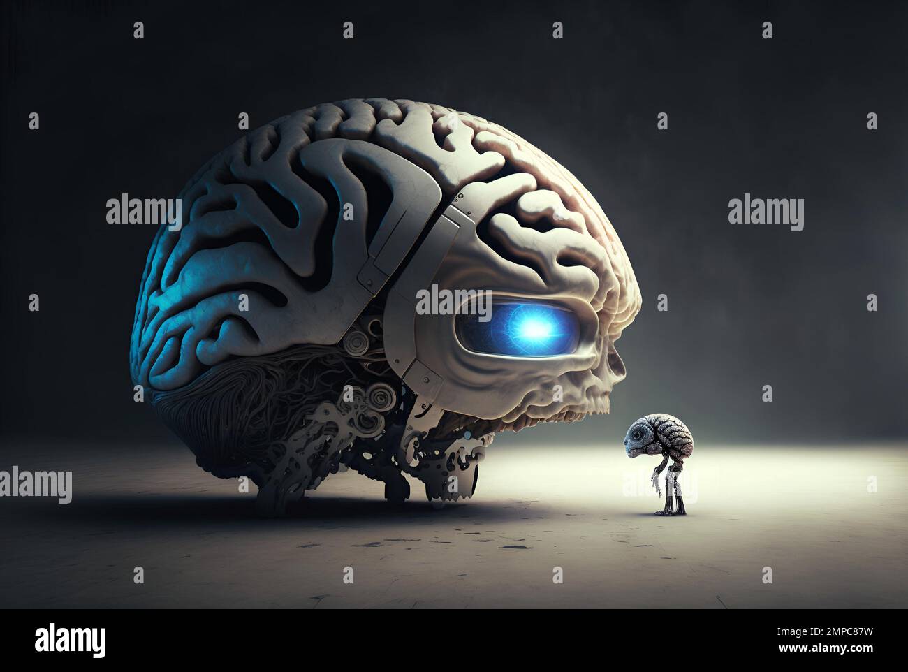 Un cerveau robotique géant et un petit robot. Intelligence artificielle ...