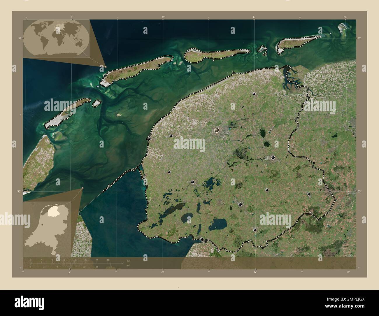 Frise, province des pays-Bas. Carte satellite haute résolution. Lieux ...