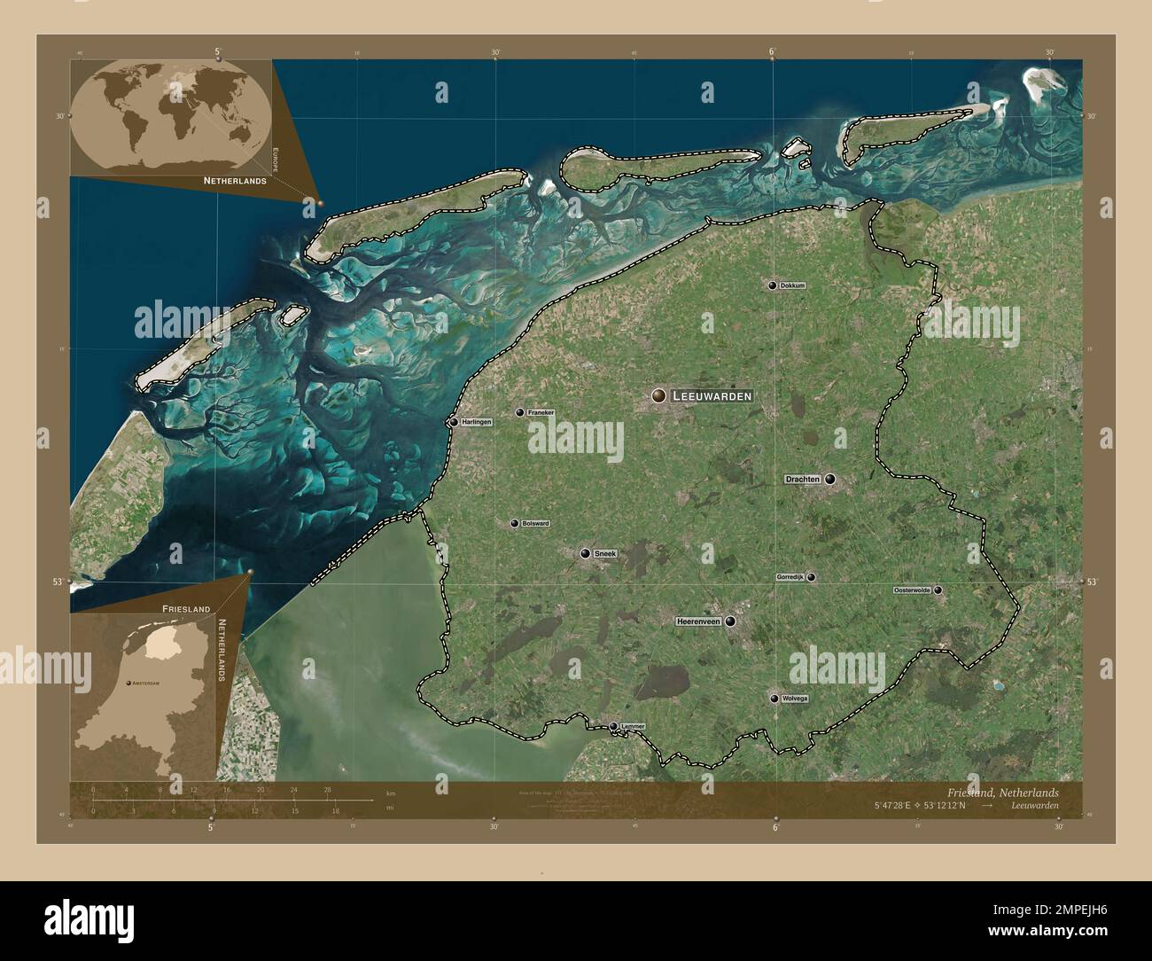 Frise, province des pays-Bas. Carte satellite basse résolution. Lieux ...