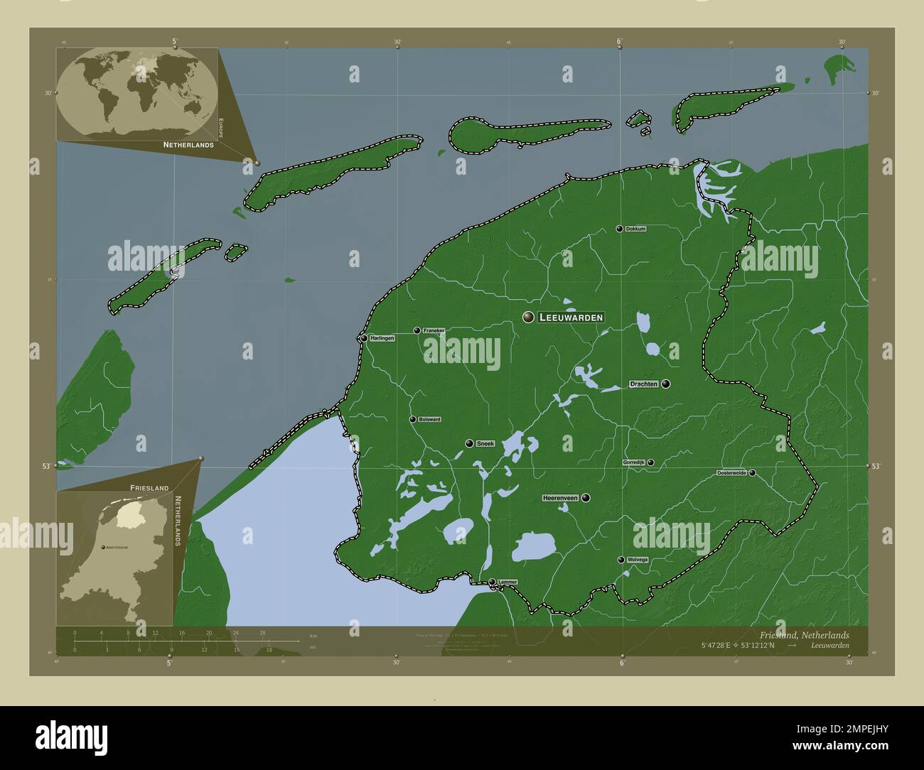 Frise, province des pays-Bas. Carte d'altitude colorée en style wiki ...