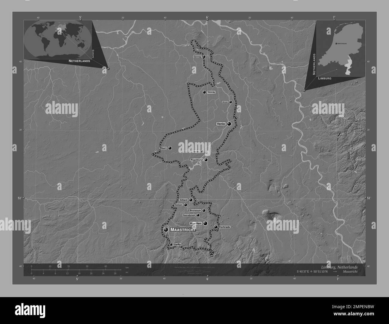 Limbourg, province des pays-Bas. Carte d'altitude à deux niveaux avec ...