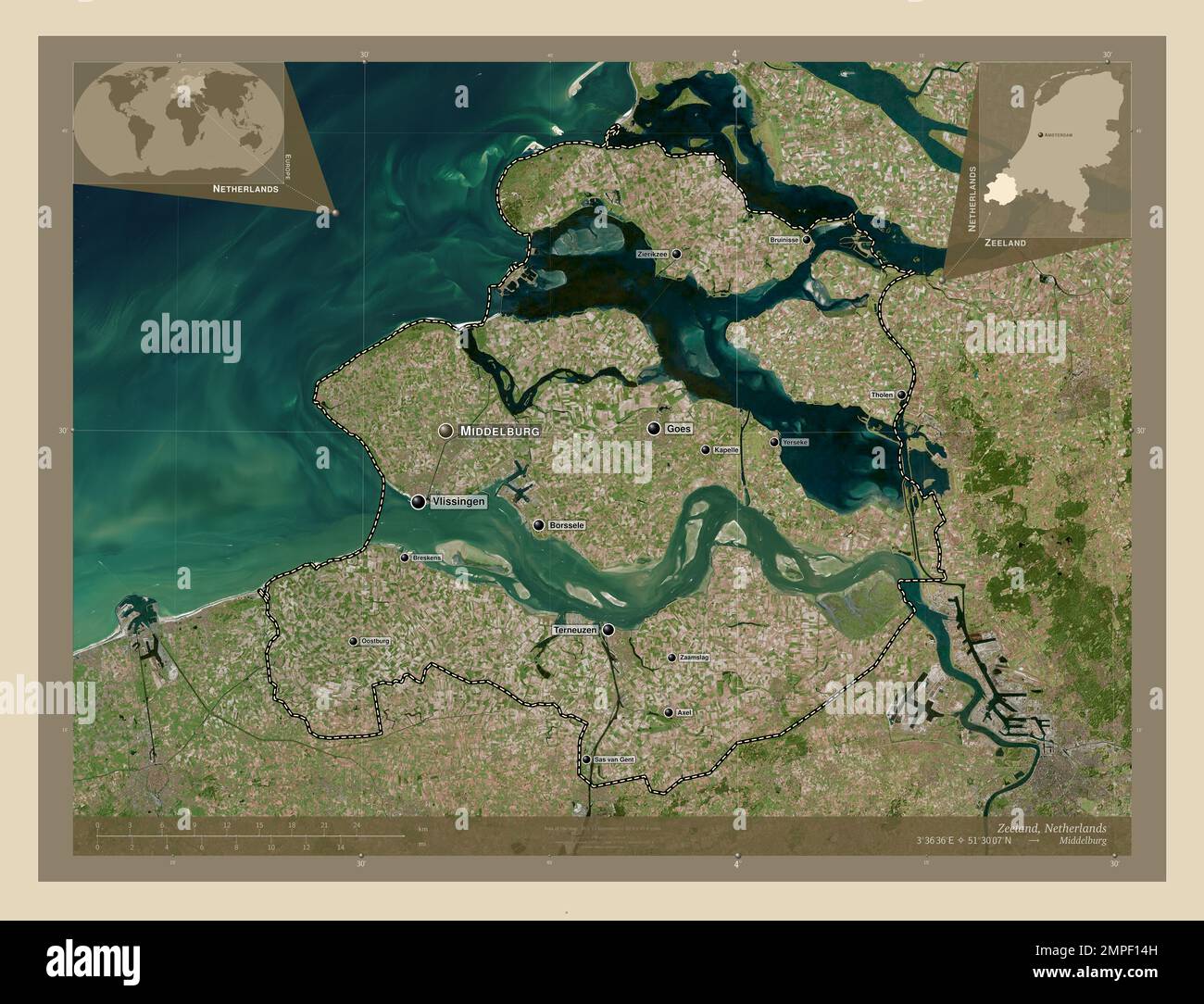 Zeeland, province des pays-Bas. Carte satellite haute résolution. Lieux ...