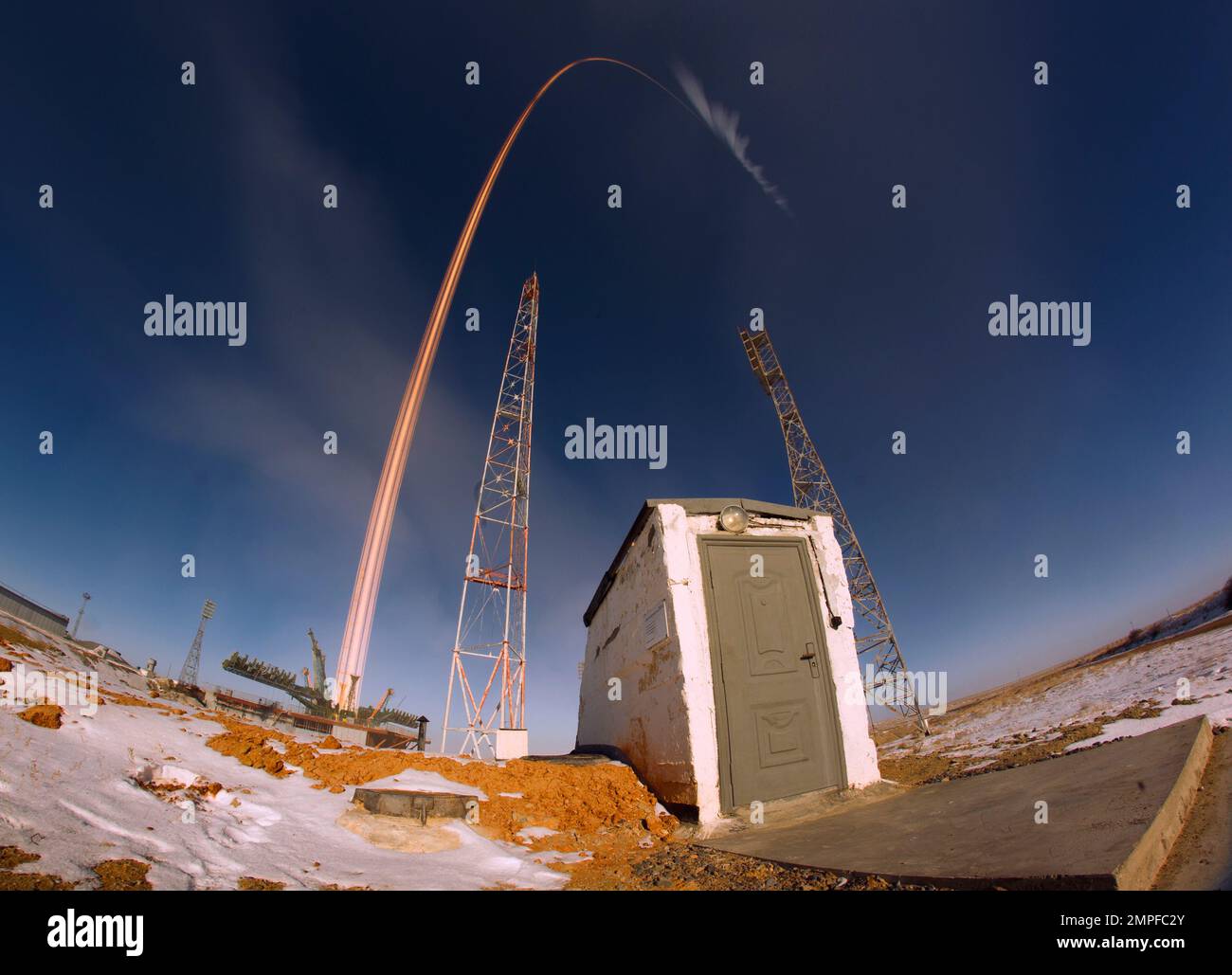 In this photo taken with long time exposure the Soyuz-FG rocket booster ...