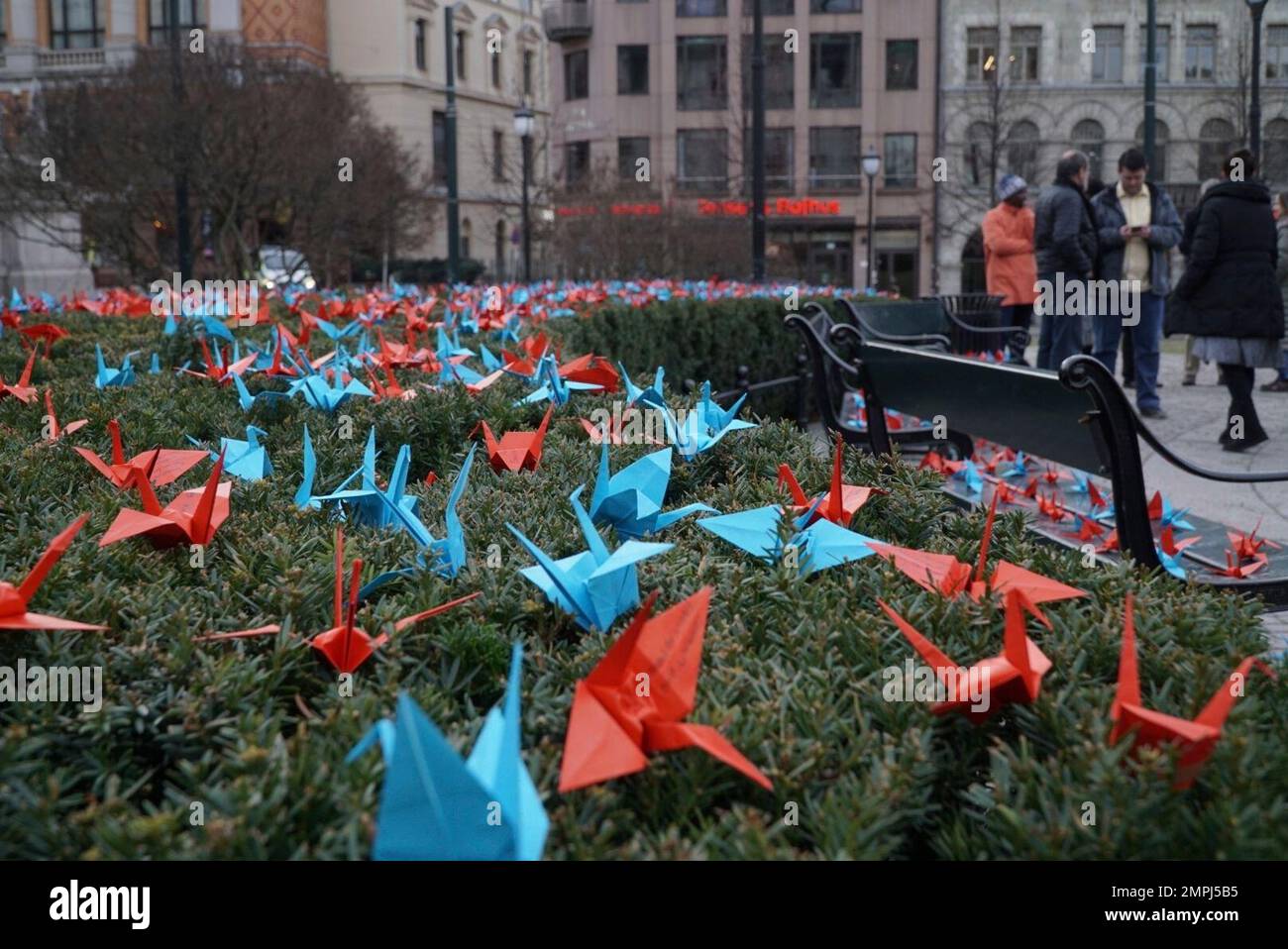 A thousand paper cranes installed by anti-nuclear activists in front of ...