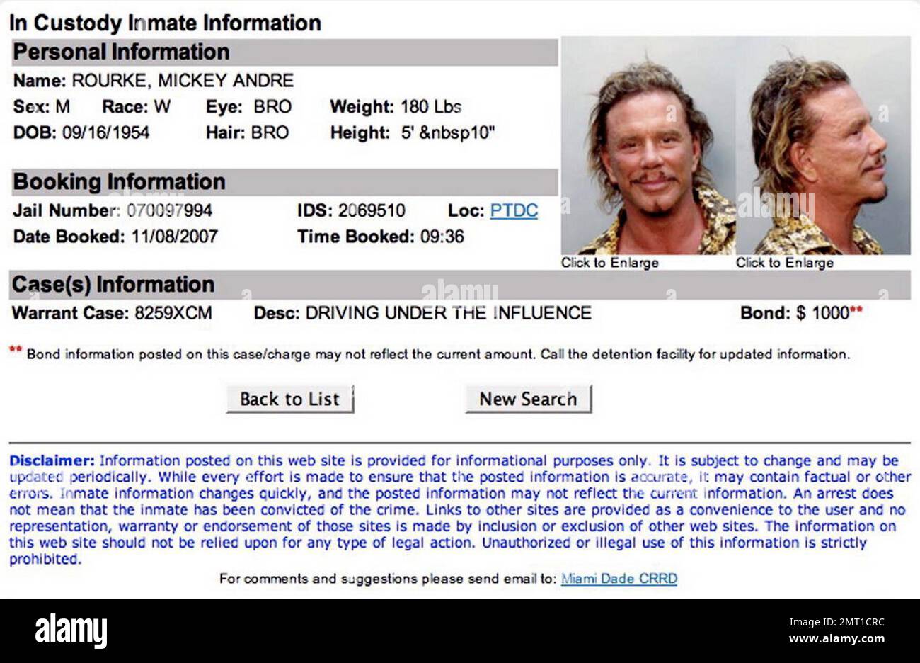 Le méchant acteur Mickey Rourke, vu ici sur sa photo de réservation, a ...