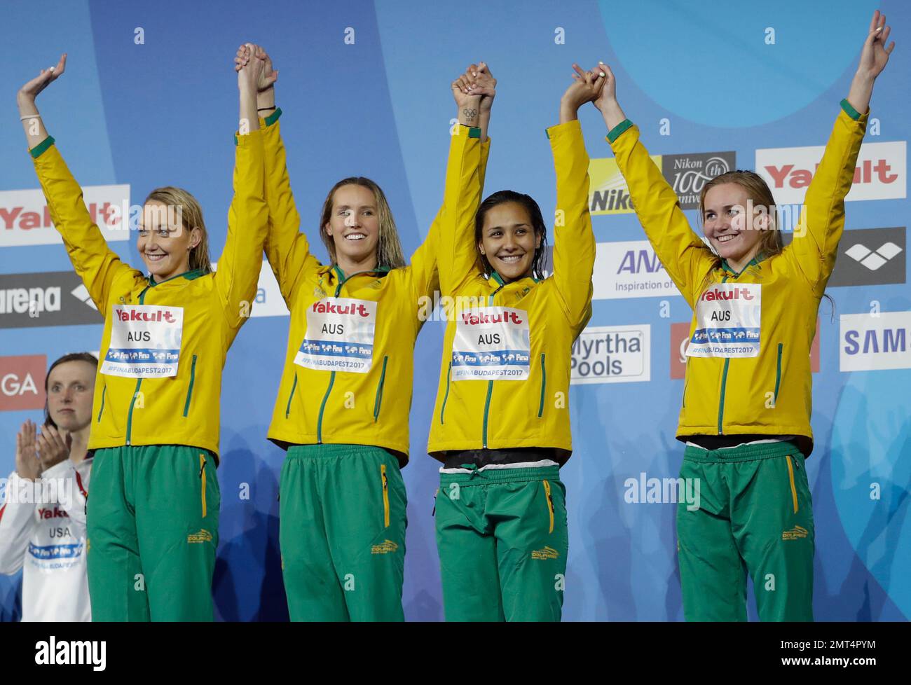 Australia's bronze medal winners Madison Wilson, Emma McKeon, Kotuku Ngawati and Ariarne Titmus ...