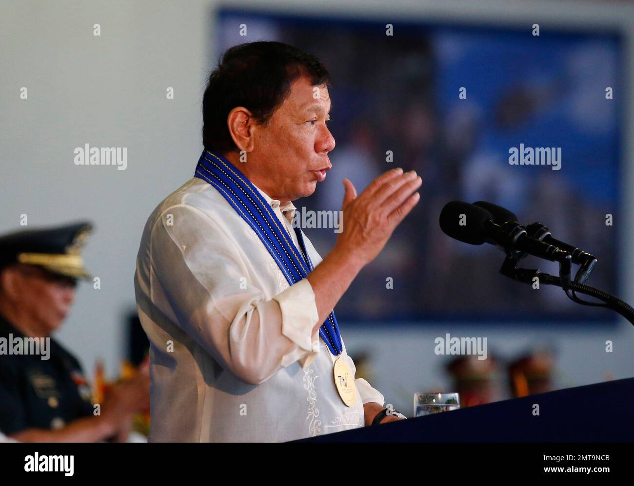 Philippine President Rodrigo Duterte addresses troops during the 70th ...