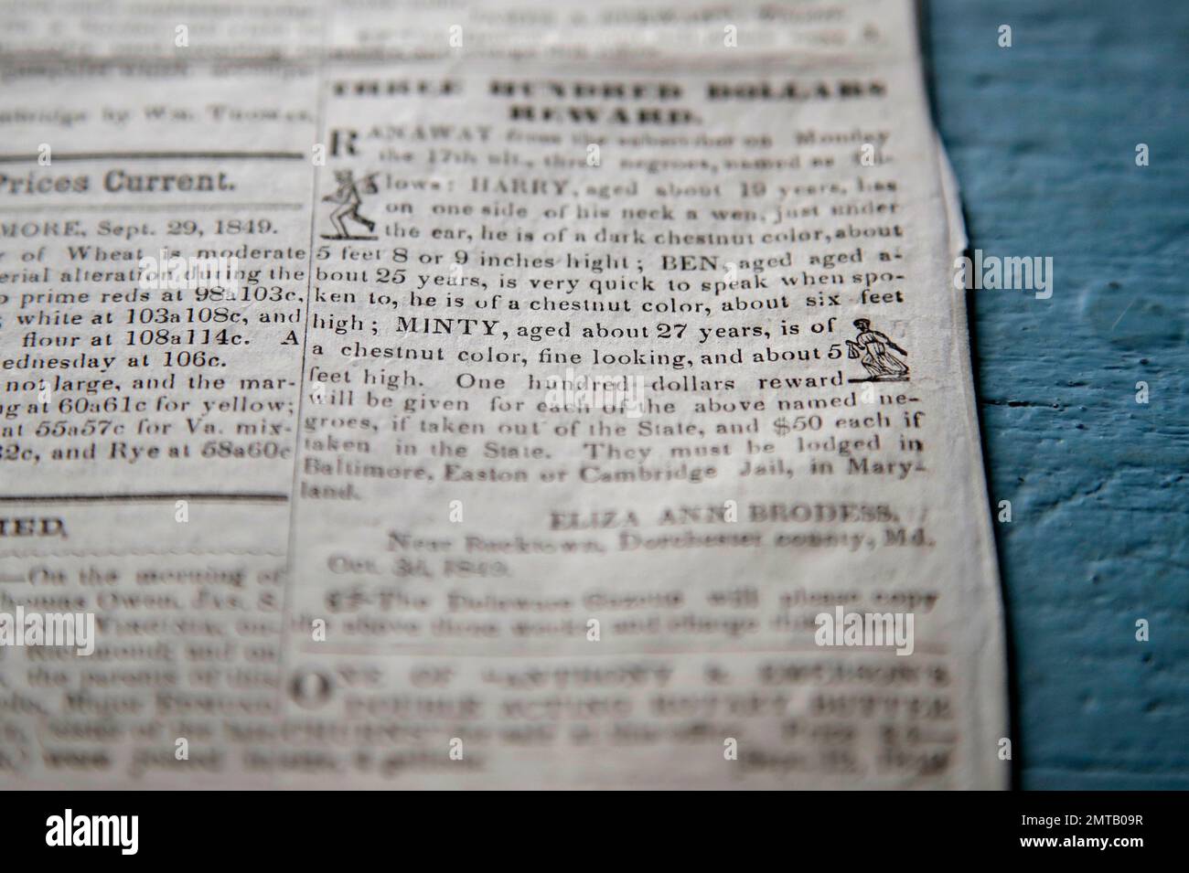 This May 12, 2017 photo shows a runaway slave newspaper notice for ...