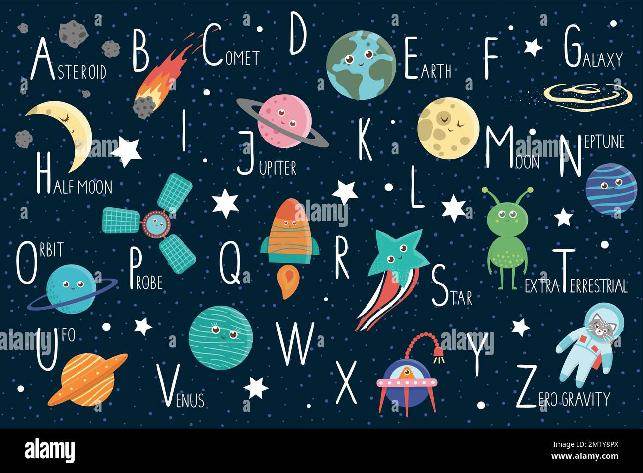 Espace alphabet pour les enfants. Mignon plat ABC avec galaxie, étoiles ...