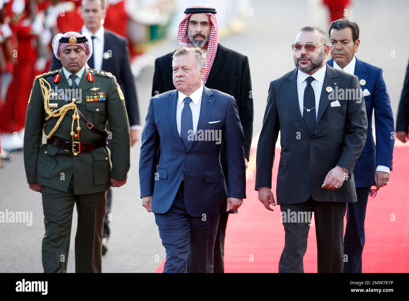Moroccan King Mohammed VI, right, Jordan's King Abdullah II, center ...