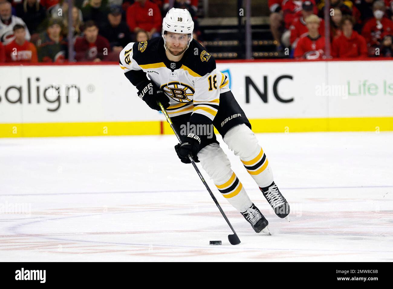 Boston Bruins' Pavel Zacha (18) moves the puck against the Carolina ...