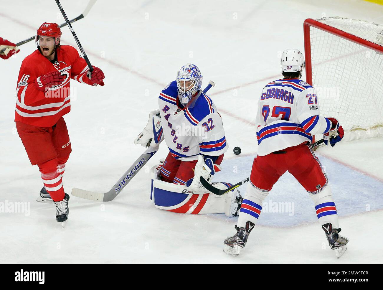 Carolina Hurricanes' Elias Lindholm (16), of Sweden, reacts following a ...
