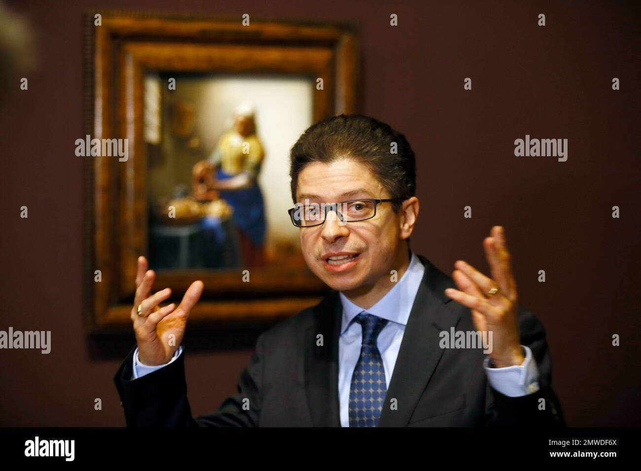 French curator Blaise Ducos delivers his speech during the presentation ...