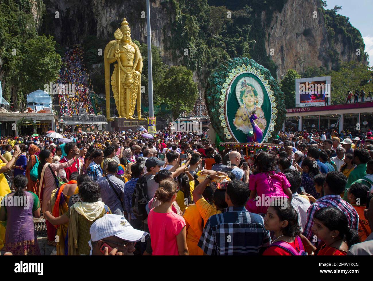 Hindu devotees walk up the 272 steps of the Batu Caves temple as part ...