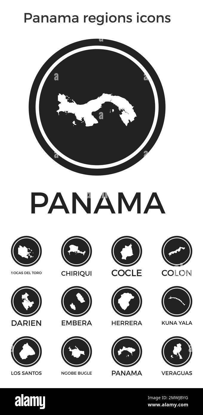 Icônes des régions du Panama. Logos ronds noirs avec cartes et titres ...