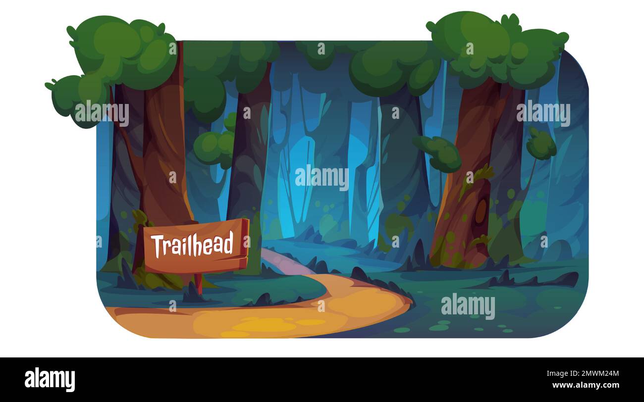 Paysage de sentier de la forêt de dessins animés avec enseigne de chemin en bois. Illustration ...