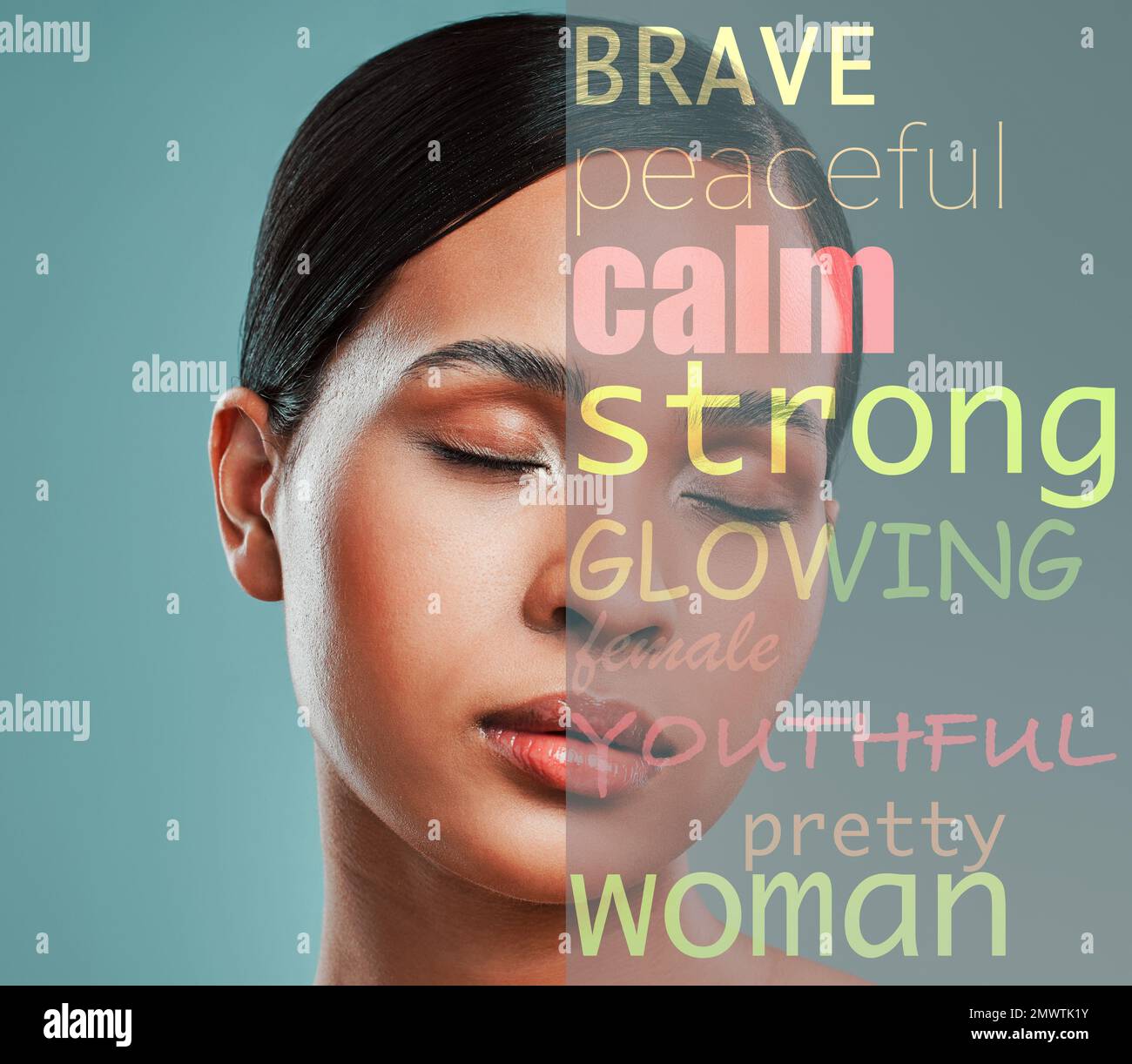 Femme, portrait de studio et superposition de texte pour le maquillage ...