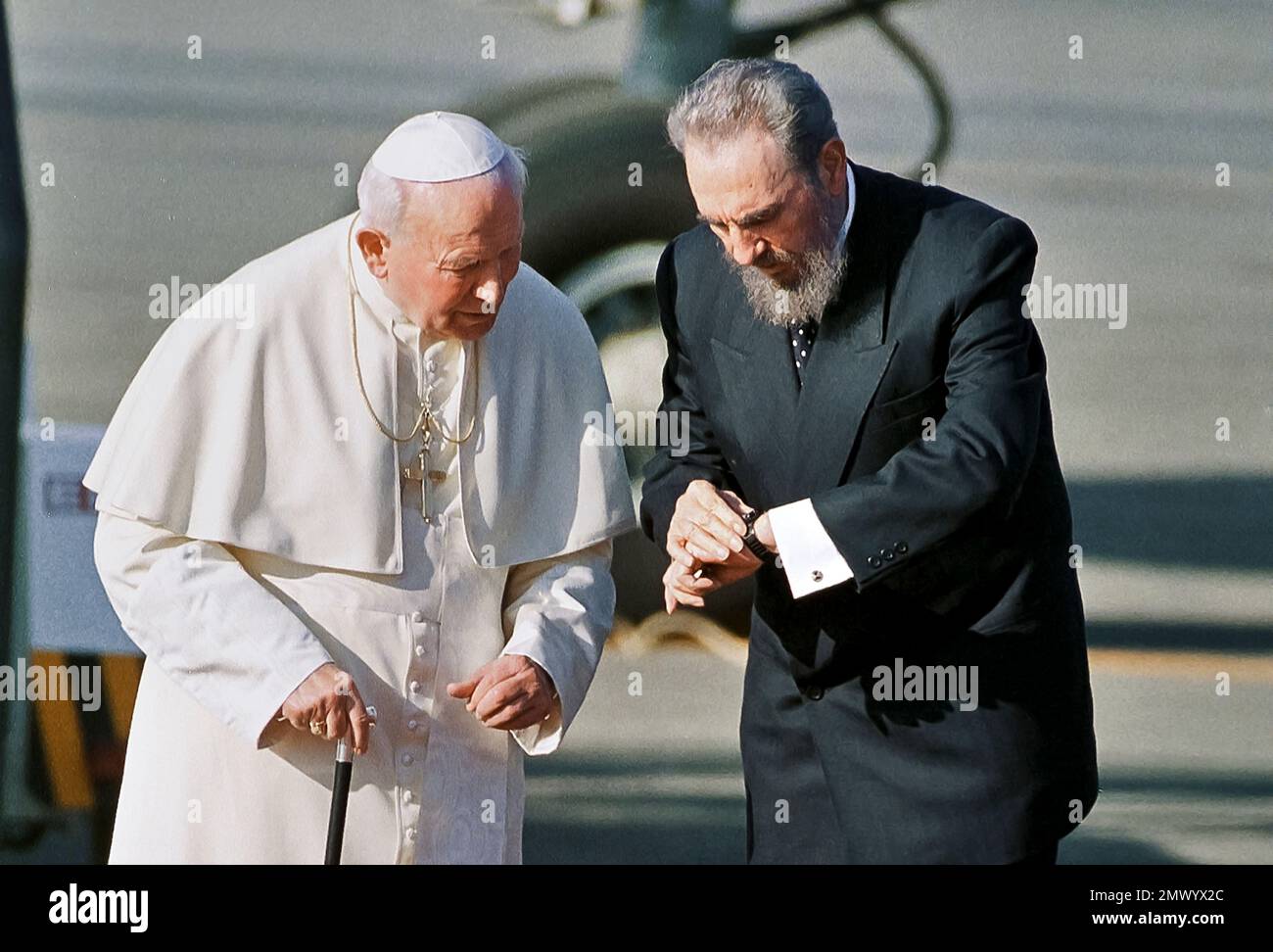 Cuban President Fidel Castro, right, and Pope John Paul II are seen ...