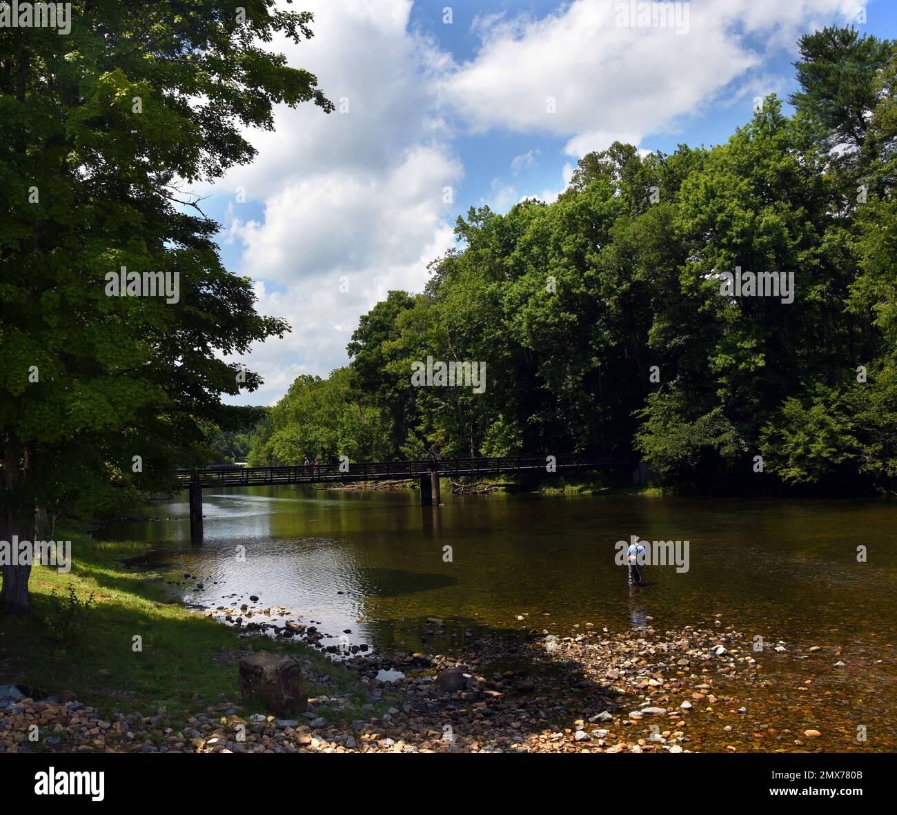 Un homme de premier plan se démène dans la rivière Holston à l'île ...
