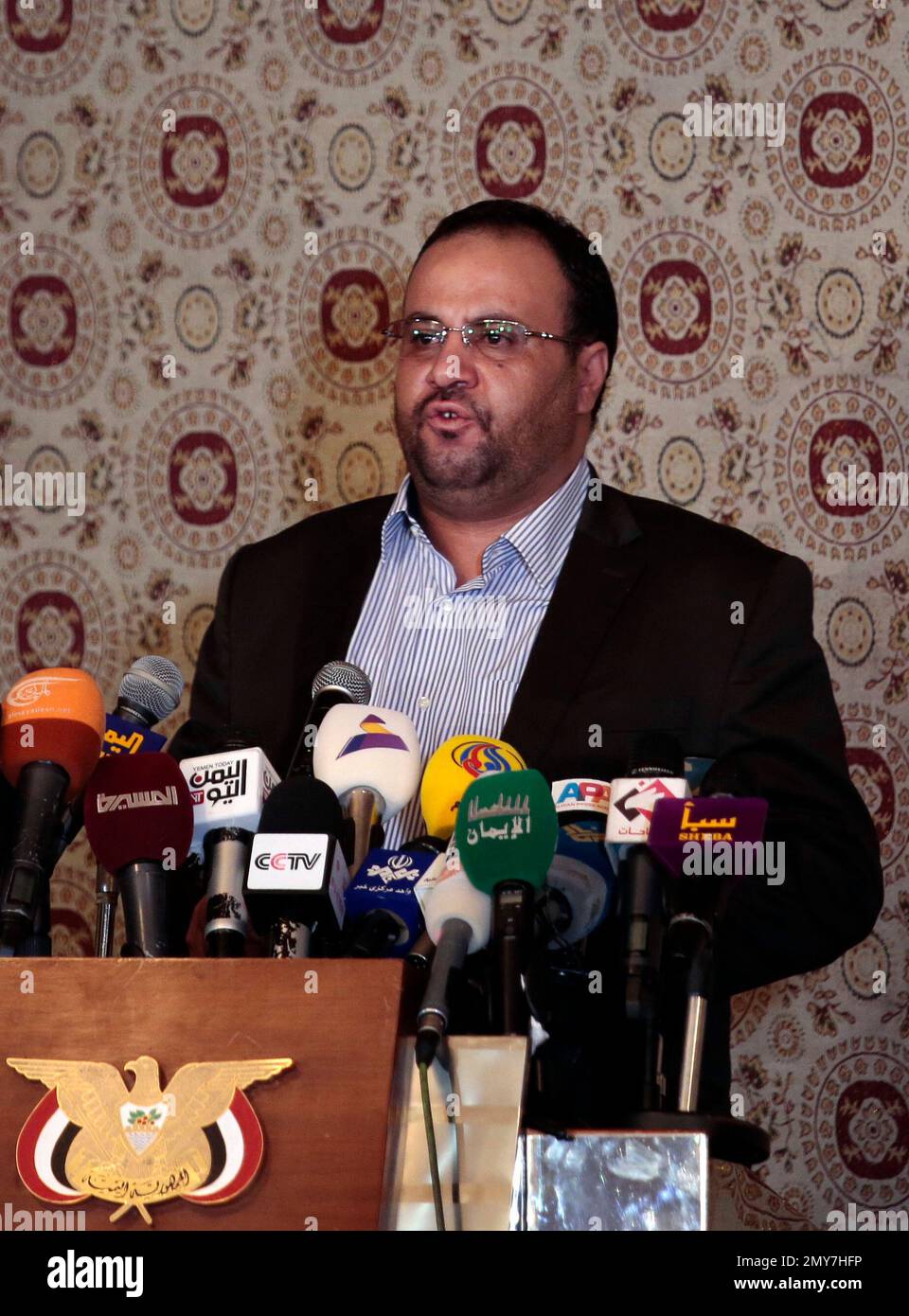 Saleh Samad, the top Houthi official, speaks during a meeting with ...