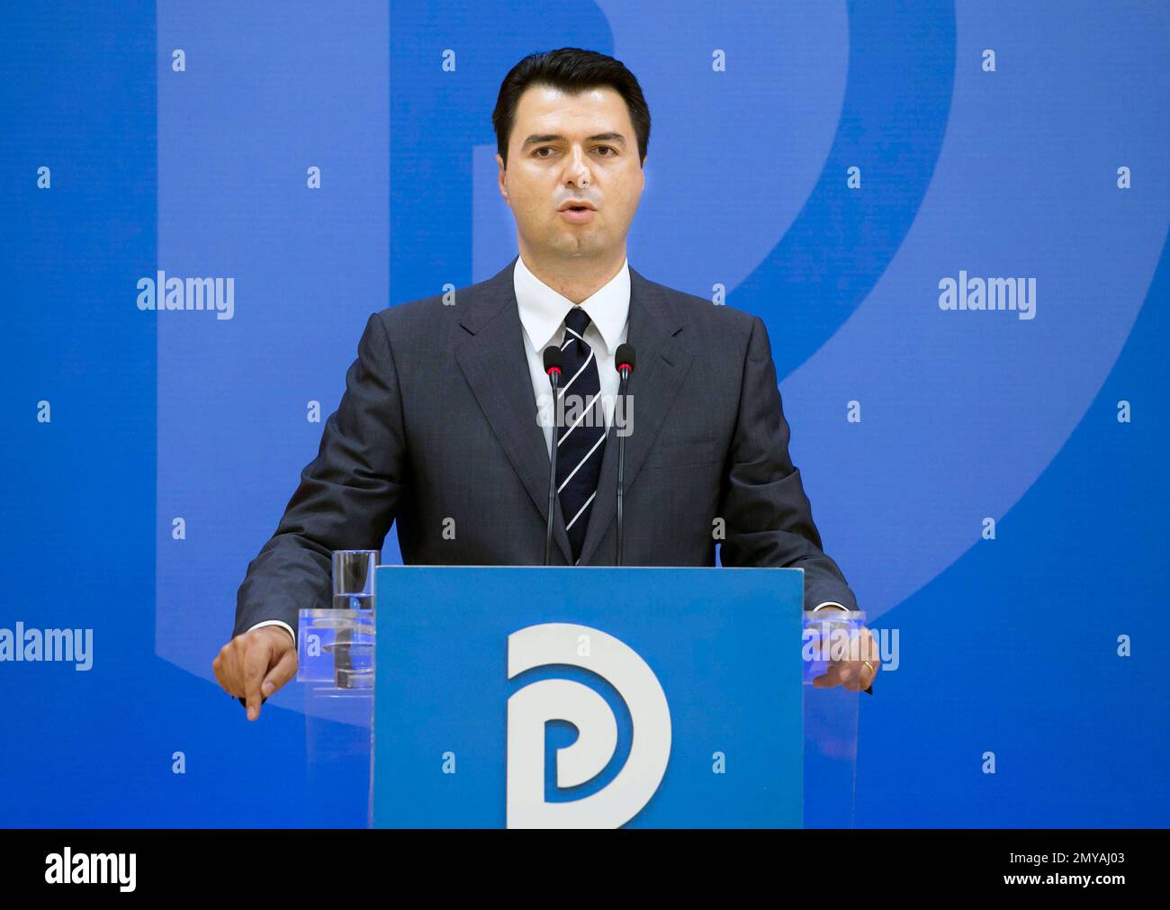 Albania's main opposition Democratic Party leader Lulzim Basha speaks ...
