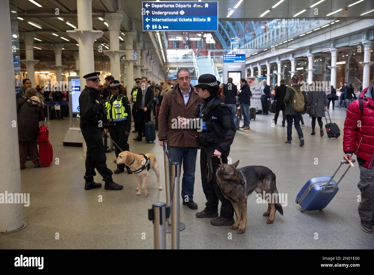 Police dog handlers speak to travelers as they patrol after Eurostar ...