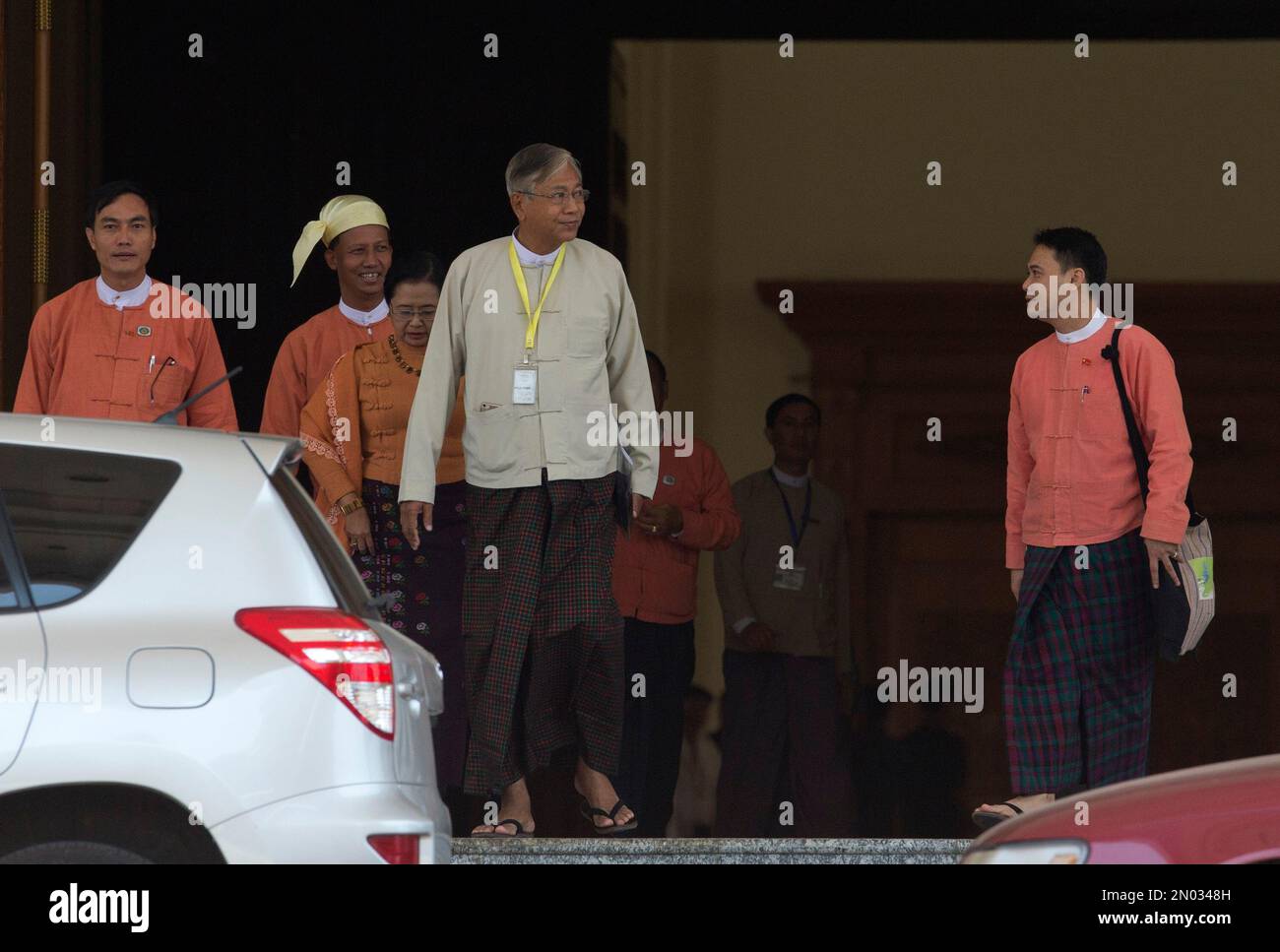 Htin Kyaw, second from right, the newly elected president of Myanmar and his wife lawmaker Su Su ...