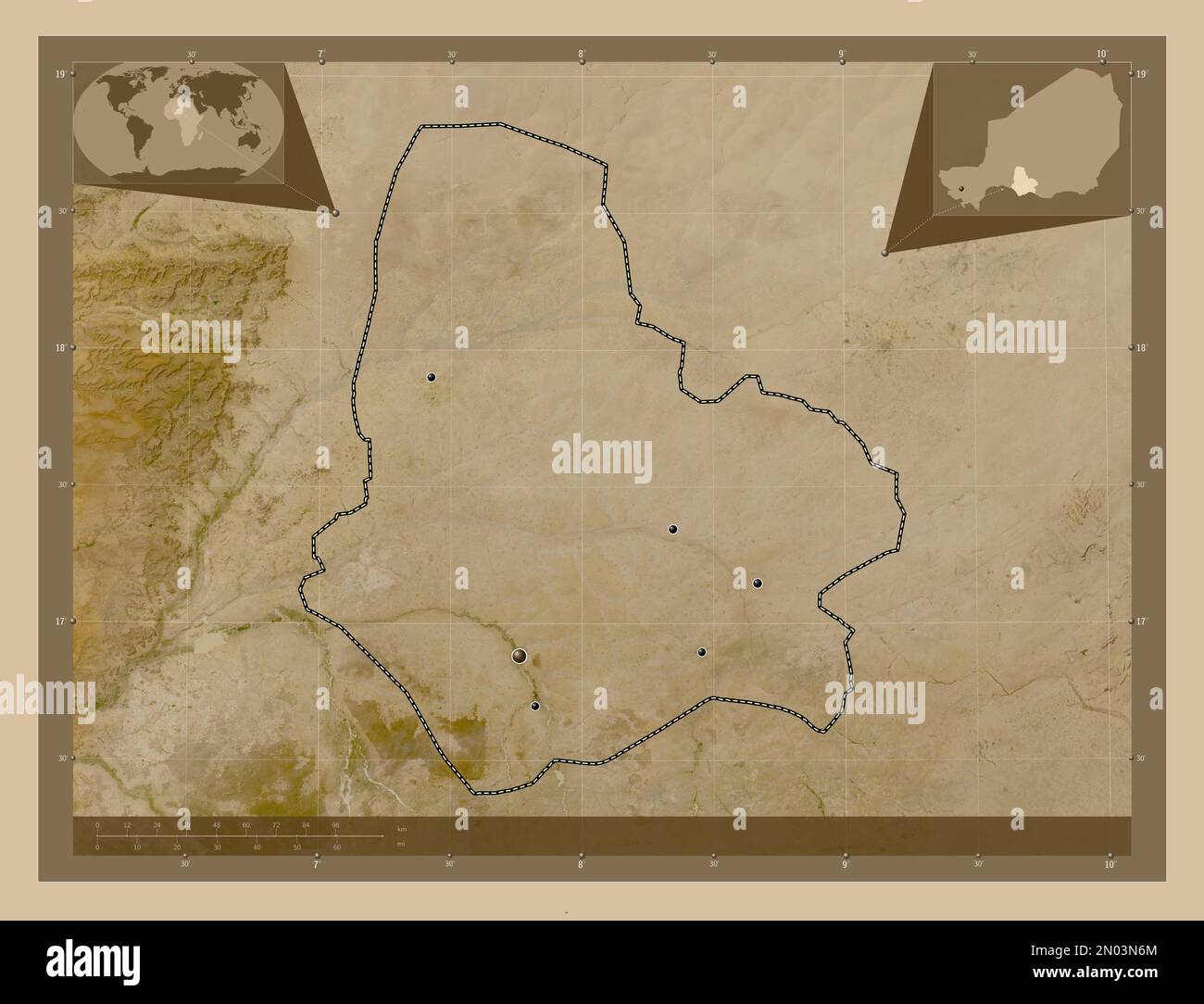 Maradi, département du Niger. Carte satellite basse résolution. Lieux ...