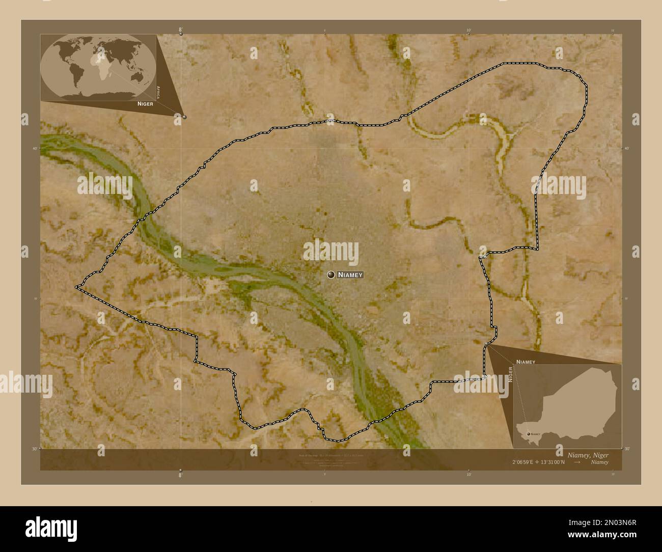 Niamey, capitale du Niger. Carte satellite basse résolution. Lieux et ...