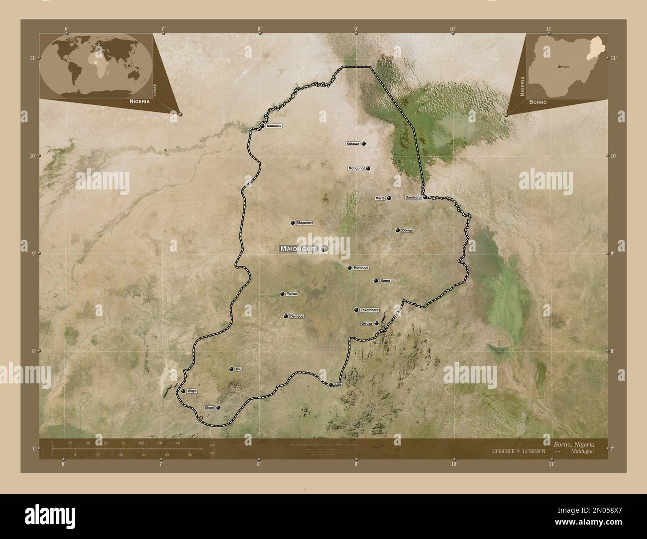 Borno, État du Nigéria. Carte satellite basse résolution. Lieux et noms ...