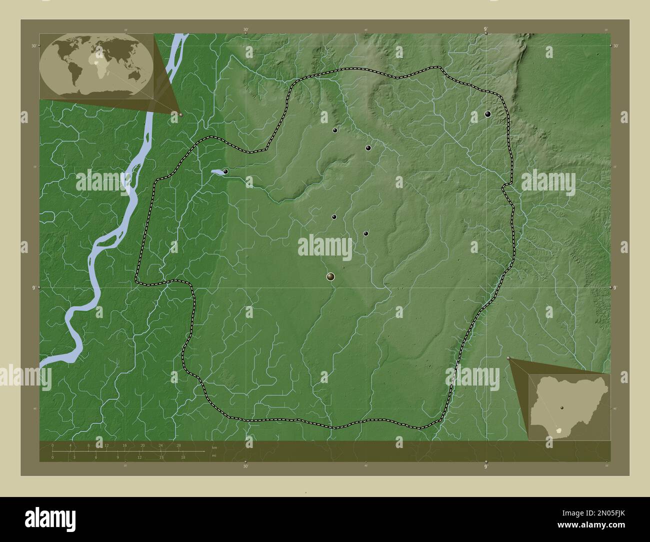 OMI, État du Nigéria. Carte d'altitude colorée en style wiki avec lacs ...