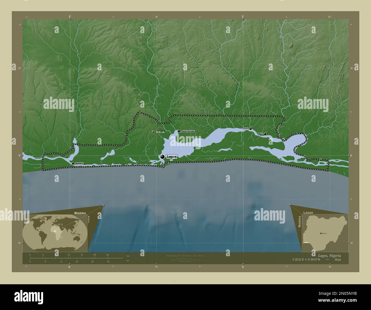 Lagos, État du Nigéria. Carte d'altitude colorée en style wiki avec ...