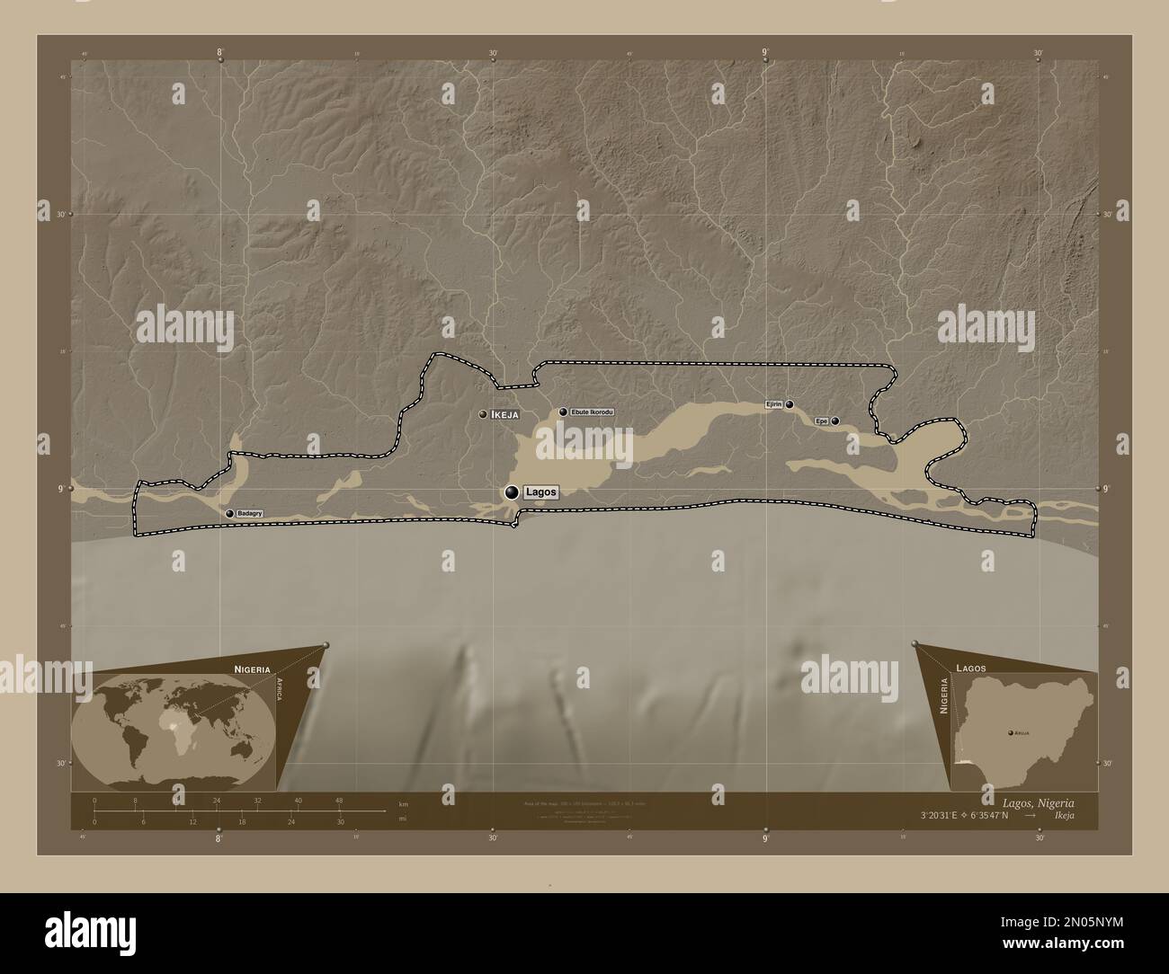 Lagos, État du Nigéria. Carte d'altitude colorée en tons sépia avec ...